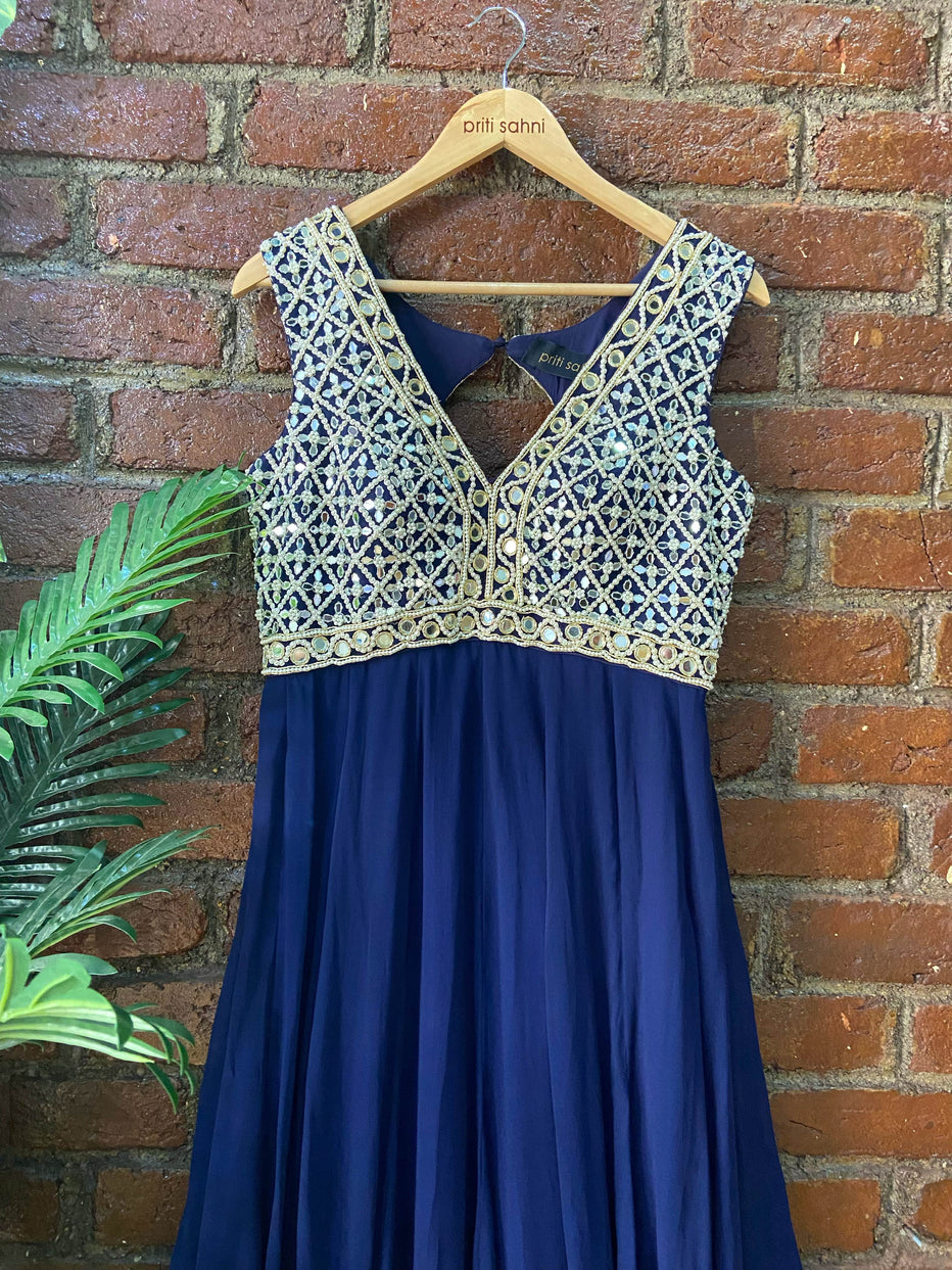 Navy Blue Mirror Work Gown – WaliaJones