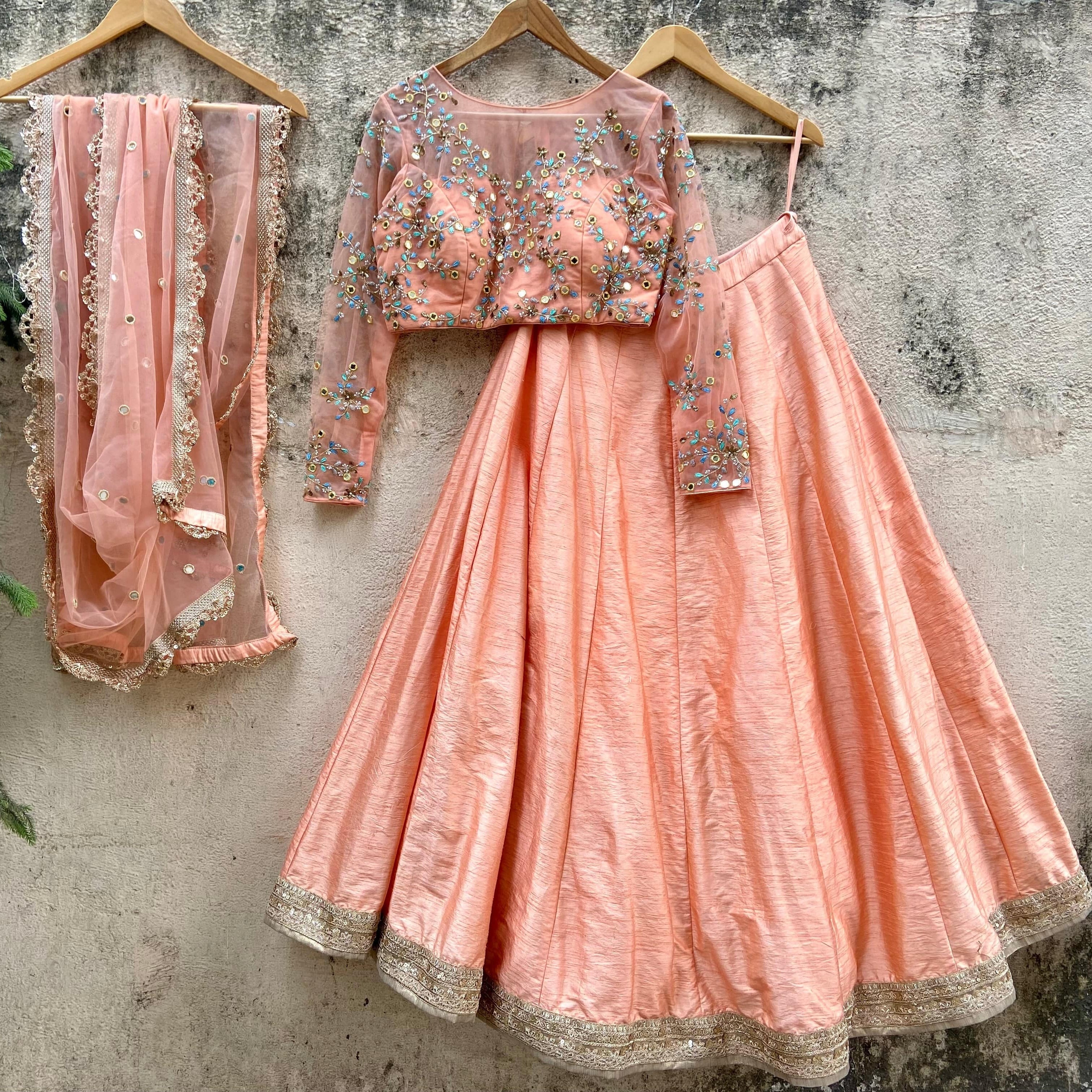 Peach Mirror and Thread Work Lehenga Set – WaliaJones